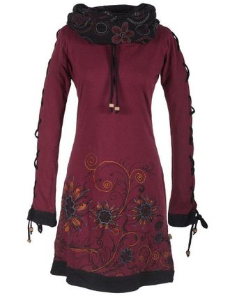 vishes Midikleid Bedrucktes Blumen Kleid mit Schalkragen - Schn&uuml;ren Ethno, Hippi, Boho, Goa Style