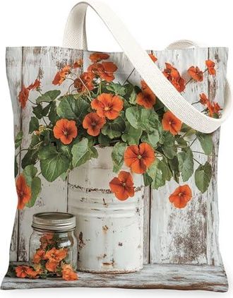 Generic Sac fourre-tout en toile de fleurs de capucine printani&egrave;re pour faire du shopping, 33 x 38,1 cm, motif floral rustique, sac d&eacute;picerie r&eacute;utilisable pou