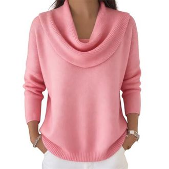 Generic Pull doux et &eacute;l&eacute;gant &agrave; col volant&eacute; pour femme, v&ecirc;tements dhiver, col b&eacute;nitier d&eacute;contract&eacute; &agrave; manches longues, rose, XXL
