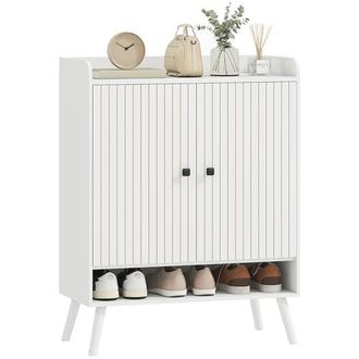 HOMCOM Meuble &agrave; chaussures 2 portes &agrave; lattes, meuble &agrave; chaussures dentr&eacute;e dentr&eacute;e avec &eacute;tag&egrave;res r&eacute;glables, compartiment ouvert, pour 15 paires de chaussures,