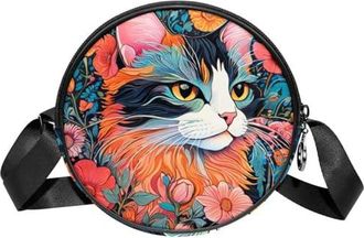 Generic Sac &agrave; bandouli&egrave;re rond rond pour femme, motif chat color&eacute;, avec fermeture &eacute;clair, bretelles r&eacute;glables, style d&eacute;contract&eacute;