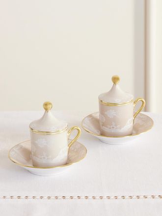Ginori 1735 Set De Deux Tasses, Couvercles Et Soucoupes En Porcelaine Et Plaqu&eacute; Or Oriente Italiano - Rose
