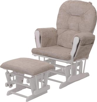 Mendler Relaxsessel HWC-C76, Schaukelstuhl Schwingstuhl mit Hocker Stoff Chenille (465g/m²) Öko-Tex - Creme, Gestell weiß