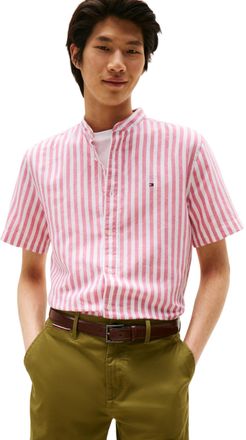 Tommy Hilfiger Herren Hemd Linen Blend Mao mit Grandad-Kragen, Mehrfarbig (Vintage Rosy/White), XXL