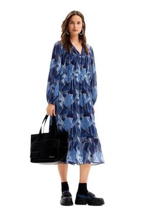 Desigual Robe tissée à Manches Longues pour Femme, Bleu, Taille