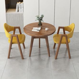Generic Runder Empfangstisch Und 2 St&uuml;hle Im Set - Moderne Holzmaserung Mit PU-Ledersitzen for B&uuml;ro Oder Lounge(Bright Chairs+Walnut-Colored Table)