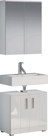 Trendteam Wons - Badm&ouml;bel-Set (Waschbeckenunterschrank + Spiegelschrank) - Wei&szlig;/Wei&szlig; Hochglanz - (BxHxT) 60 x 192 x 32 cm - silberfarbene Griffe - kratzfest