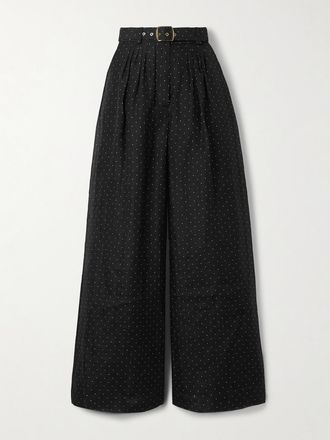 Zimmermann Pantalon Large En Organza De Lin Et De Soie Mélangés À Pois, Plis Et Ceinture - Noir