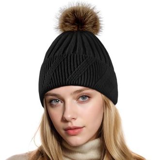 Neola Bonnet dhiver pour femme - Bonnet doubl&eacute; en polaire doux et chaud avec pompon amovible en fausse fourrure pour sports de plein air, ski, Noir, M