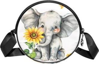Generic Sac &agrave; bandouli&egrave;re rond pour femme, motif &eacute;l&eacute;phant, tournesol, petit sac &agrave; bandouli&egrave;re avec fermeture &eacute;clair, bretelles r&eacute;glables, sac &agrave; main rond d&eacute;co