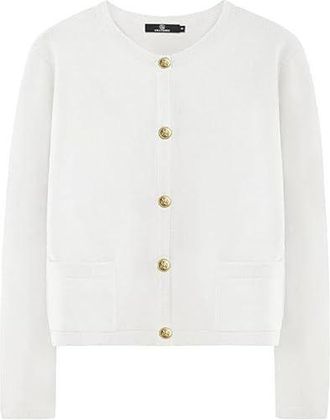 Generic Cardigan ray&eacute; &agrave; col rond pour femme, manches longues en tricot l&eacute;ger avec poches, blanc, L