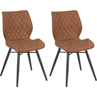 Beliani Beliani - Lot 2 Chaises Rev&ecirc;tus en Tissu Marron Motif Losagne avec Pieds Noirs en M&eacute;tal Confort et Design pour Salle &agrave; Manger ou Salon D&eacute;co et Vitage