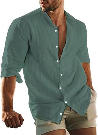 Generic Chemise en lin pour homme - Coupe ajust&eacute;e - Manches courtes - Blanc - Coupe ajust&eacute;e - Polo blanc - Col en V - T-shirt long, Vert, 3XL