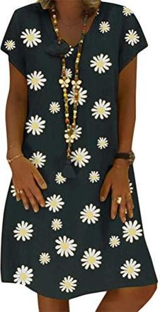 Minetom Robe Été Femme de Plage Rétro Bohême Robes Col V Lin Robes au Genou Manches Courte Imprimé Floral Casual Grande Taille Tuniques Ample A Noir 48