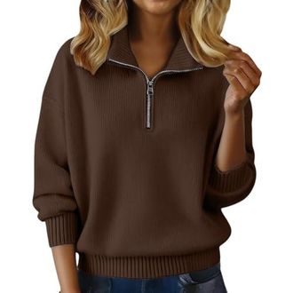 Generic Pull tricot&eacute; confortable en cachemire pour femme avec fermeture &eacute;clair quart de tour, marron, 3XL