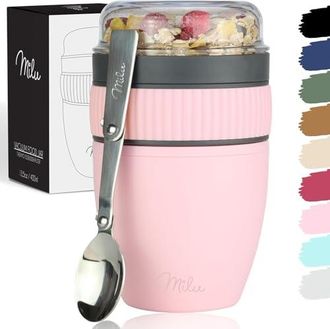 Milu Pot de c&eacute;r&eacute;ales &agrave; emporter 400ml I Pot de yaourt en plastique pour les c&eacute;r&eacute;ales I anti-fuite avec cuill&egrave;re pour le yaourt/porridge (Rose)
