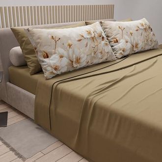 Petti Artigiani Italiani Bettwäsche aus Baumwolle mit Kissenbezügen mit Digitaldruck, Bettlaken für französisches Bett, Bettwäsche-Set mit Blumenmuster 12 Taupe, 100% Made in 