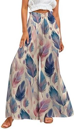 Generic Robe boh&egrave;me 2026 pour femme, pantalon palazzo &agrave; jambes larges, motif floral, jupe-culotte de plage d&eacute;t&eacute; 2025, pantalon fluide et d&eacute;contract&eacute;, rose cla