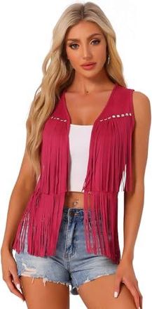 Allegra K Gilet &agrave; Franges Femme Devant Ouvert Veste Vintage sans Manches Style Cowboy des Ann&eacute;es 70 Cardigan en Faux Su&egrave;de &agrave; Pompons Rouge L