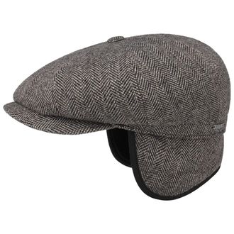 Stetson Hatteras Classic Ear Flaps Flatcap Schirmmütze Fischgrätmuster Wollcap Ohrenschutz Made in EU Herren Herbst Winter Dunkelbraun 59 cm