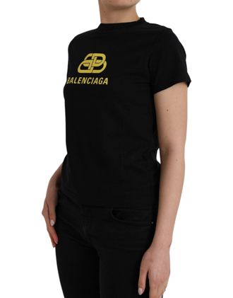 Balenciaga Womens Black Cotton Logo Print Crew Neck Short Sleeves T-Shirt