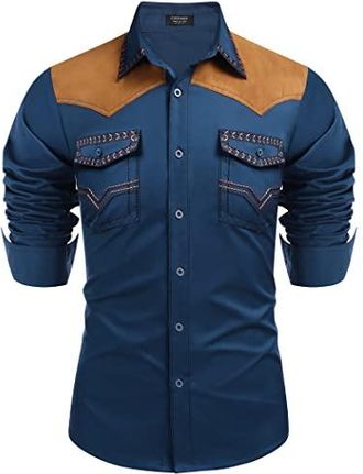 Coofandy Chemise Western Cowboy brodée à Manches Longues, Coupe ajustée décontractée, en Coton, boutonnée, Chemise Hippie avec Poches pour Homme, Bleu, Taille 