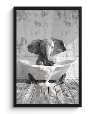 MuchoWow &copy; Bilder mit Rahmen 40x60 cm Poster Wanddekoration Wohnzimmer Deko Modern Geschenke Bilderrahmen Elefant - Vintage - Schwarz und wei&szlig; - Tiere - Badewa