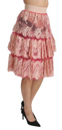 Dolce & Gabbana Womens Pink Lace Layered High Waist Knee Length Skirt Nylon Cotton
