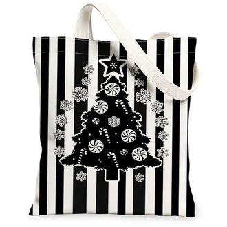 Generic Sac fourre-tout en toile motif sapin de No&euml;l, noir et blanc, r&eacute;utilisable, vintage, moderne, l&eacute;ger, lavable, Noir/blanc, 13x15 Inch