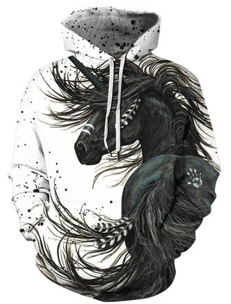 OLIPHEE Herren 3D Print Kapuzenpullover Spa&szlig; Hoodie Langarm Casual Galaxy Jumper 02schwarz Wei&szlig; Pferd XXL