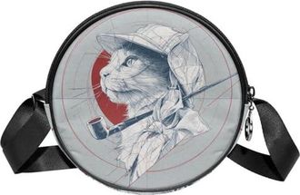 Generic Sac &agrave; bandouli&egrave;re Circle pour femme, chat cool avec un tuyau, petit sac &agrave; bandouli&egrave;re avec fermeture &eacute;clair, bretelles r&eacute;glables, sac &agrave; main rond d&eacute;co