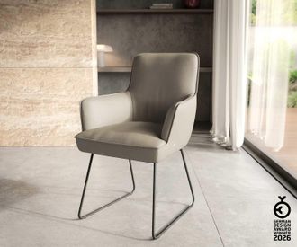 DELIFE Esszimmerstuhl Heira-Flex mit Armlehnen Echt-Leder Schlamm Kufengestell Schwarz Taschenfederkern, Esszimmerst&uuml;hle