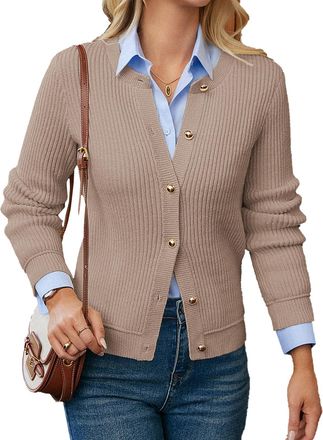 Grace Karin Strickjacke Damen Blau Elegant Rundhals Langarm Herbst Blazer Damen Kurz mit Knopf Business Outfit Dunkle-Aprikose M