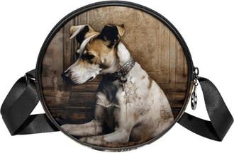 Generic Sac &agrave; bandouli&egrave;re rond pour femme, motif chien vintage, petit sac &agrave; bandouli&egrave;re avec fermeture &eacute;clair, bretelles r&eacute;glables, sac &agrave; main rond d&eacute;contract