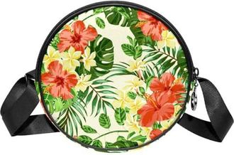 Generic Sac &agrave; bandouli&egrave;re rond pour femme, motif feuilles et fleurs, sac &agrave; dos avec fermeture &eacute;clair, bretelles r&eacute;glables, sac &agrave; main rond d&eacute;contract&eacute; pour fe