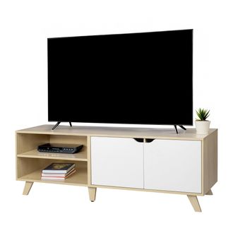 Relaxdays TV-Lowboard, 6 F&auml;cher, TV-Schrank bis 60 Zoll, HBT 50 x 140 x 40 cm, Fernsehtisch mit Kabelf&uuml;hrung, Natur/wei&szlig;