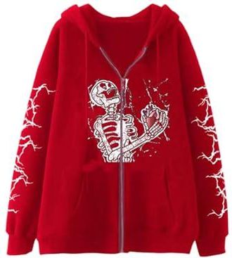 Generic Sweat &agrave; capuche surdimensionn&eacute; &agrave; fermeture &eacute;clair pour homme et femme style gothique, style ann&eacute;es 90, style punk, streetwear, Rouge, XXL