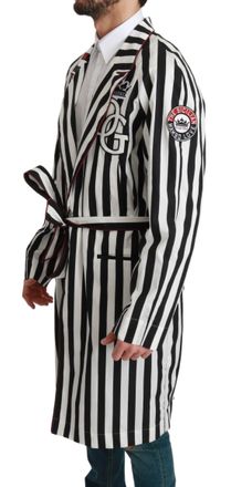 Dolce & Gabbana Mens Belted Striped Cotton Coat Black