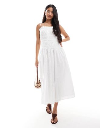 Miss Selfridge Popeline-Maxikleid in Wei&szlig; mit gesmoktem Oberteil und durchgehender Knopfleiste