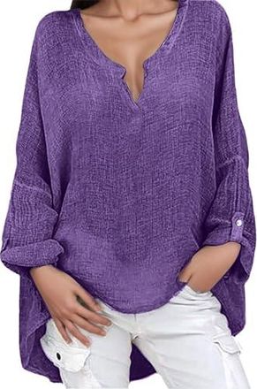 Generic Chemise d&eacute;t&eacute; en lin pour femme &agrave; manches longues boutonn&eacute;es 2025 - Haut en gaze asym&eacute;trique - Coupe ample - Manches 3/4 - Robe occidentale d&eacute;contract&eacute;