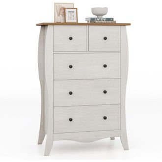 Costway Commode Chambre, Commode 5 Tiroirs en Tissu Pliable, Design Incurv&eacute;, Plateau en Bois, Meuble de Rangement Chambre Rustique pour Chambre denfant