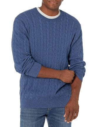 Amazon Essentials Herren Baumwoll-Pullover mit Rundhalsausschnitt und Zopfmuster, Blau Heide, XXL