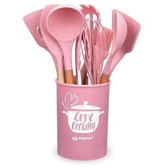 Alpina K&uuml;chengeschirrset mit Halter - 12-teilig - Silikon-Utensilien mit Holzgriff - Pink, 0.00
