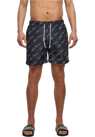 Urban Classics Herren Badehose Pattern Swim Shorts, Herren Badeshorts mit Muster, erhältlich in vielen Farbvarianten, Blackscriptlogo, XXL