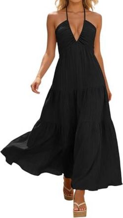 Generico Robe mi-longue d&eacute;t&eacute; d&eacute;contract&eacute;e en coton avec fines bretelles et col en V sans manches avec col dos nu et ourlet &agrave; volants, Noir, XX-Large