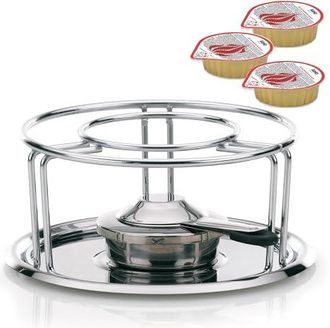 KELA Rechaud Maxi, 3-teilig, Ø 23,5 cm, Edelstahl, Silber glänzend, Verchromt, Untersetzer aus Edelstahl, Pastenbrenner, 60127, 6 Brennpasten Magma, je 80 