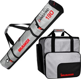 Brubaker Kombi Set CarverTec Pro - Skisack und Skischuhtasche für 1 Paar Ski + Stöcke + Schuhe + Helm - Silber Rot - 190 cm