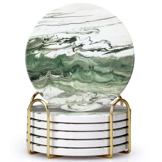 Generic 6 runde gr&uuml;ne Keramikuntersetzer mit Halter - modern, dekorativ, vielseitig, zum Verschenken geeignet(02,11cm)