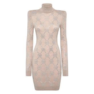 Philipp Plein Gestricktes Strass Mini Kleid mit gepolsterten Schultern Monogramm - - Dresses - Damen - Beige - XS