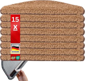 Floordirekt Shaggy-Stufenmatten Barcelona - 15er Set - Treppenmatten in 16 Farben, Strapazierfähig & pflegeleicht, Stufenteppich für Innen (Hellbraun, Halbrund 65